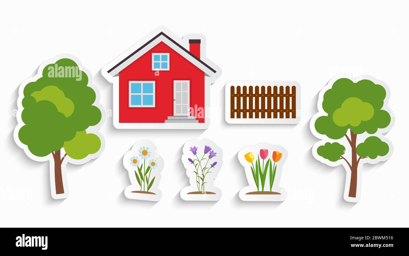 House with trees and flowers kids sticker set for children art. Vector ...