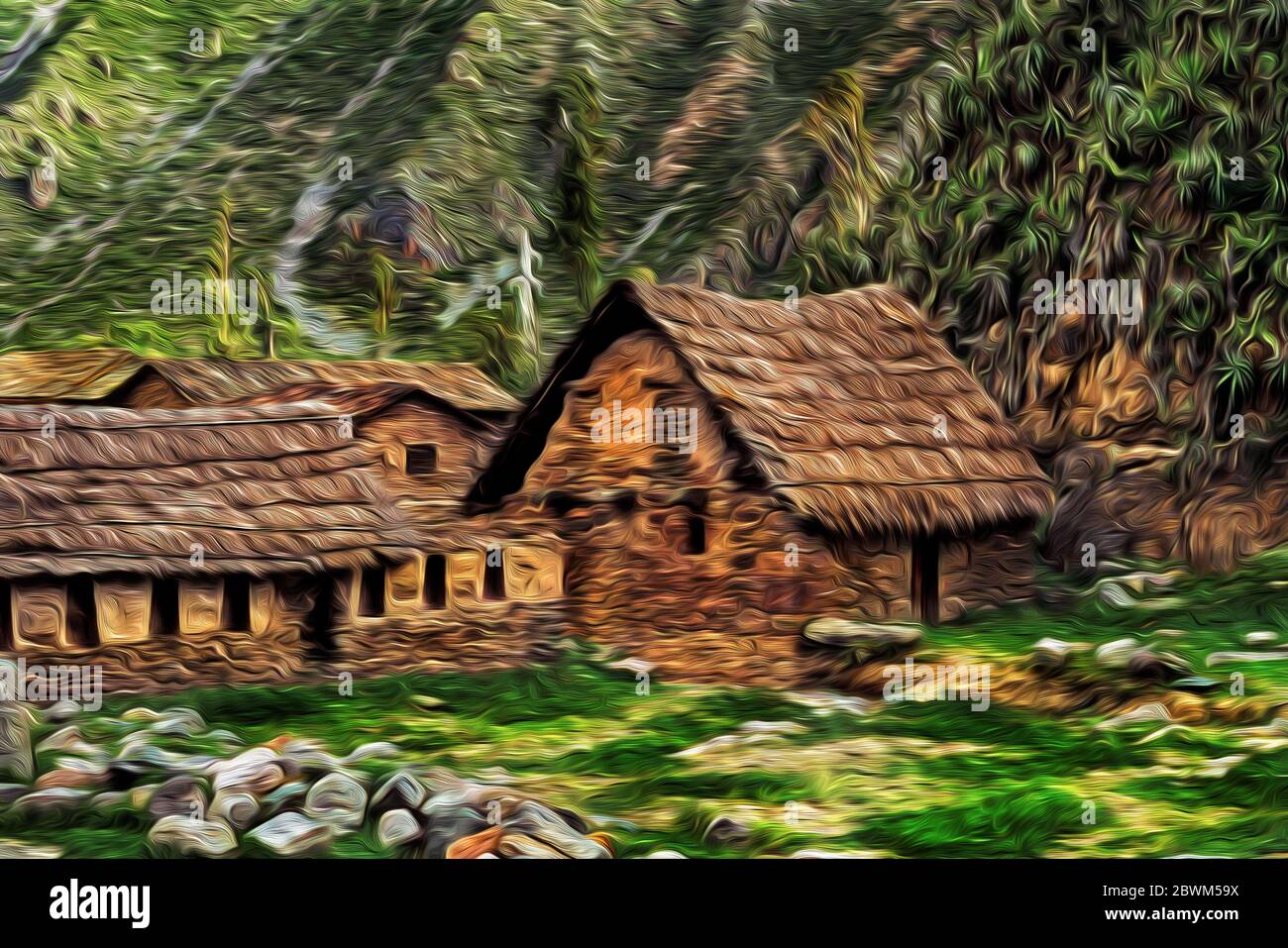 Stone hut with thatched roof in typical Inca style in ruins near Pisac ...