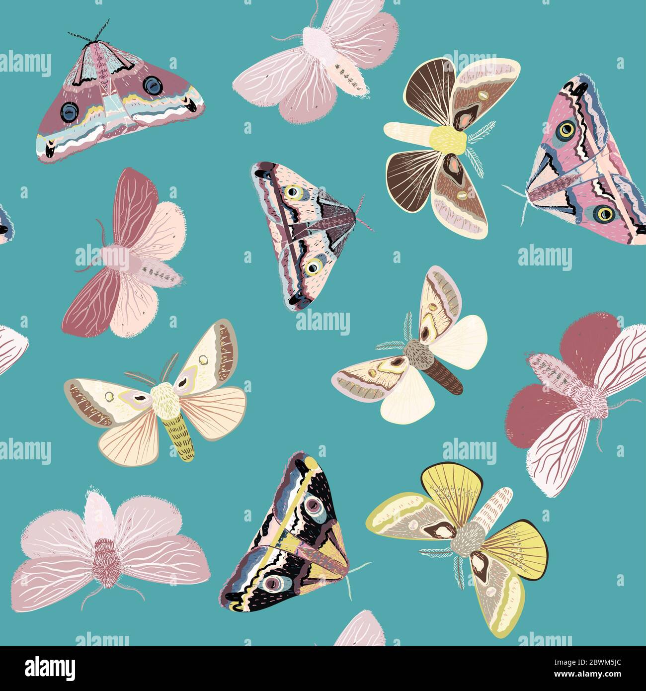 Colored moths on a turquoise light blue color background. Seamless ...