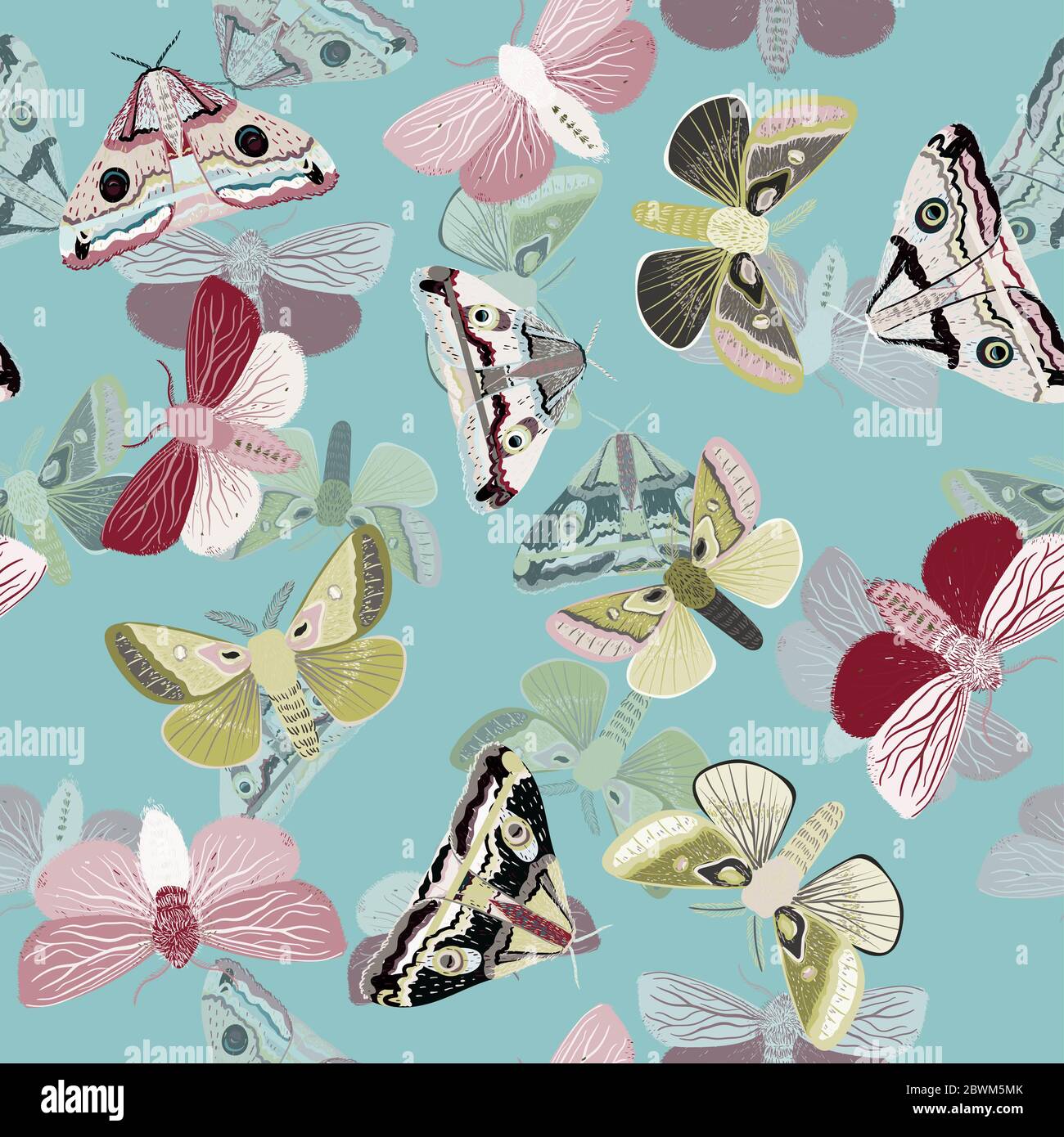 White moths on a light blue, turquoise color background. Seamless ...