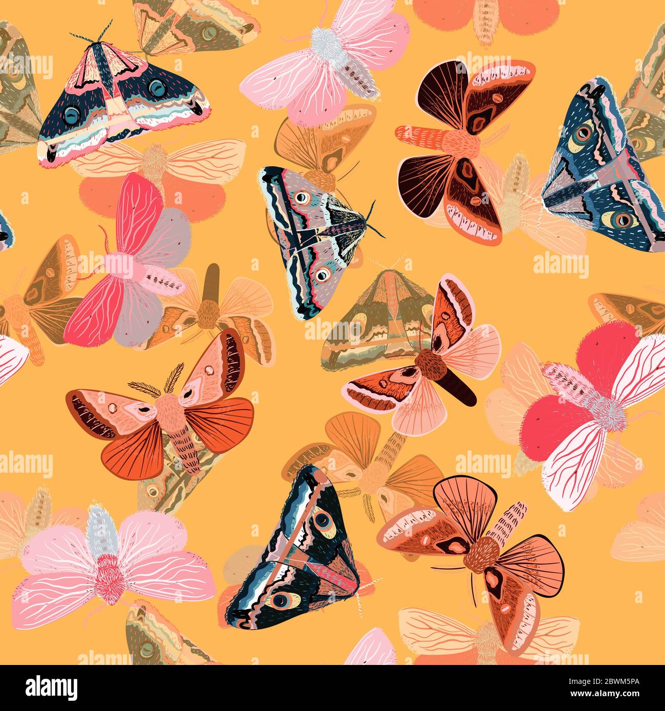 White moths on a tangerinr, orange color background. Seamless vector ...