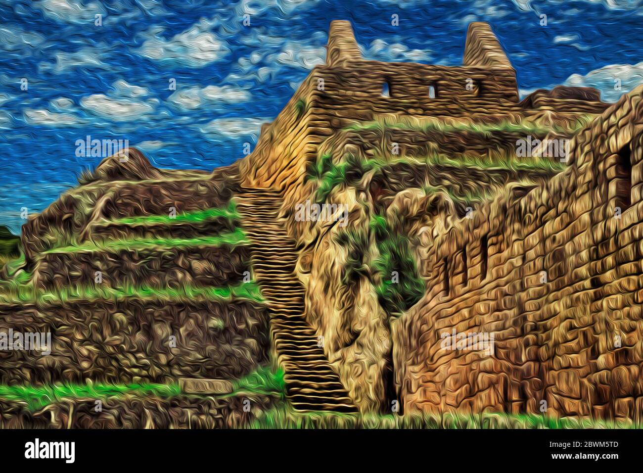 Stone walls and long staircase in the old Inca city of Machu Picchu ...