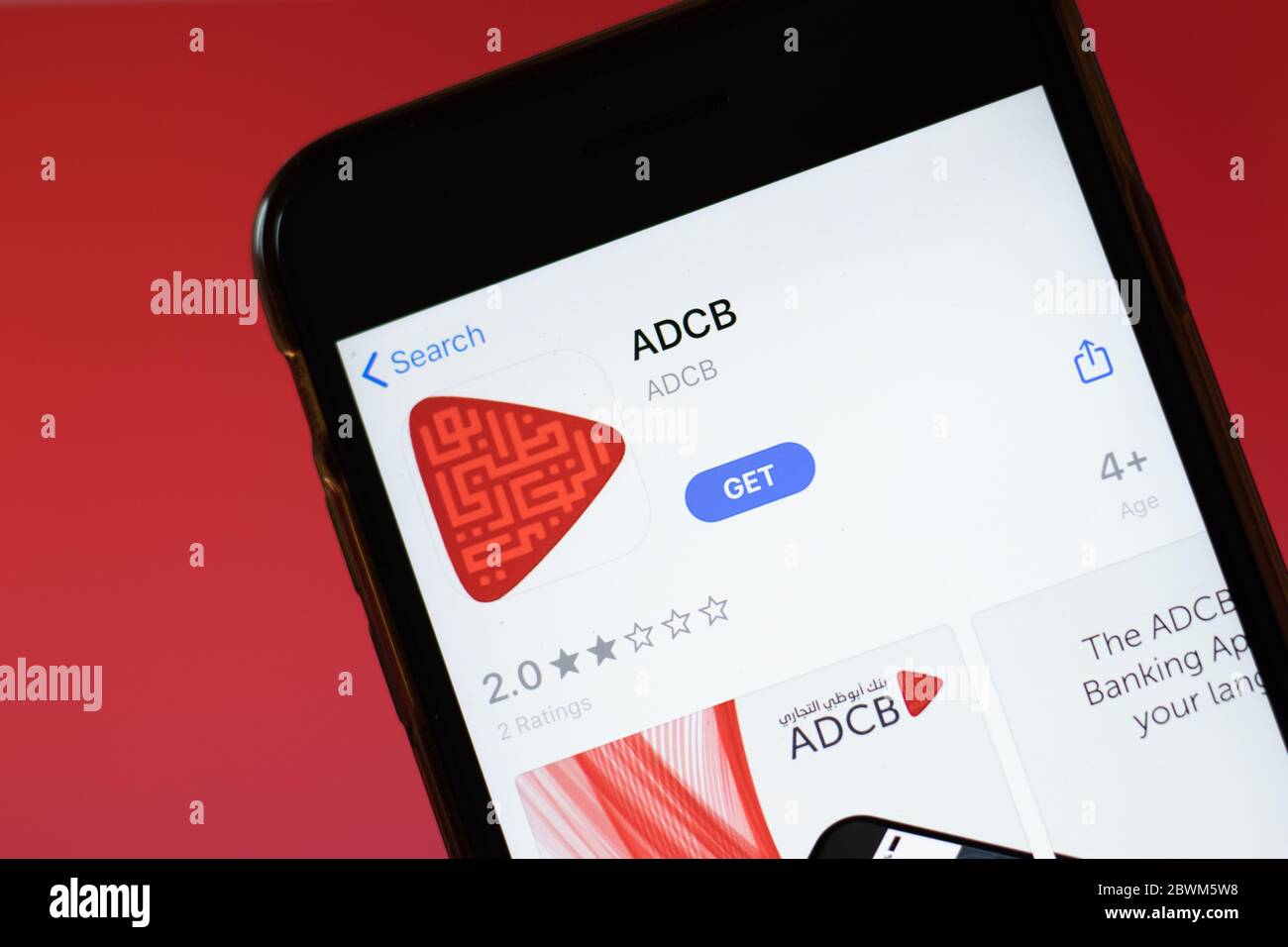 Moscow, Russia - 1 June 2020: ADCB app mobile logo close-up on screen ...