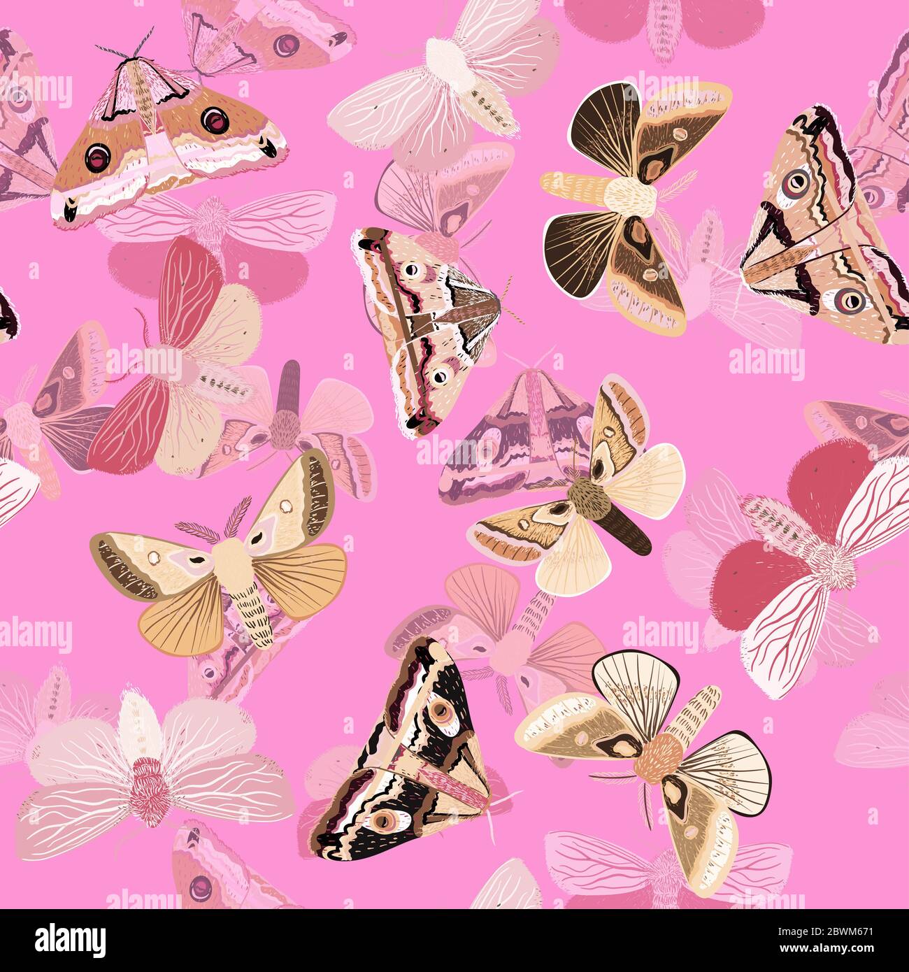 White moths on a pink color background. Seamless vector pattern with ...