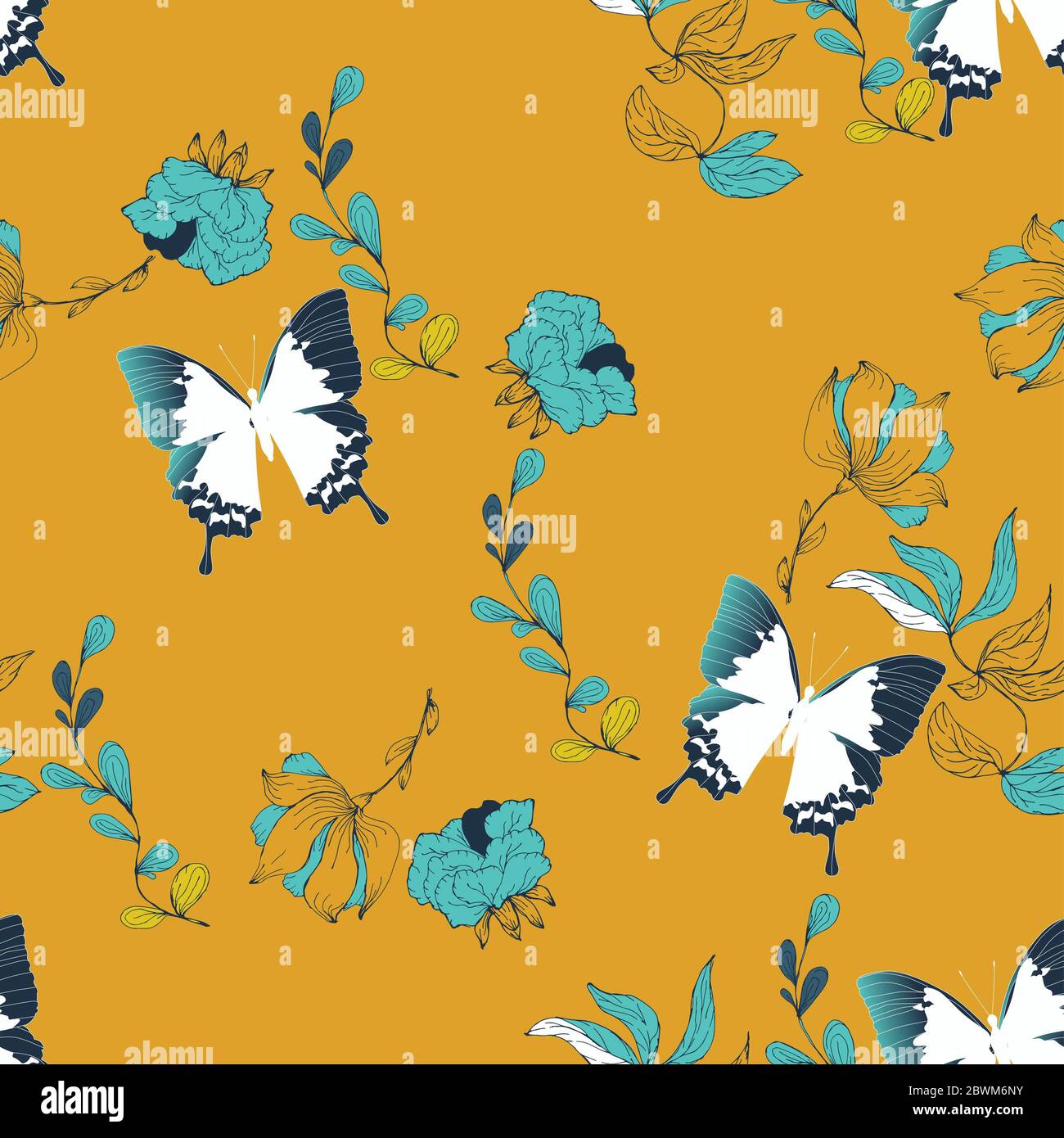 Seamless vector floral pattern of butterflies and inflorescences of ...