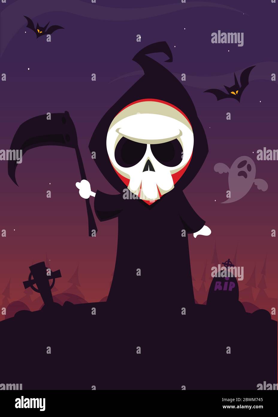 Scary cartoon grim reaper with scythe. Halloween death character ...