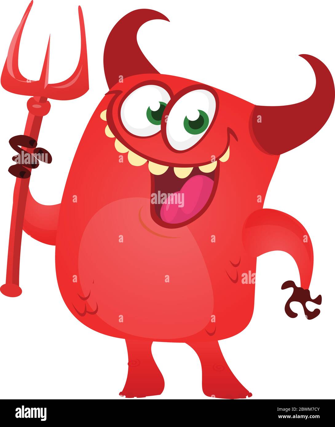 Cartoon funny devil laughing and holding a trident. Vector illustration ...