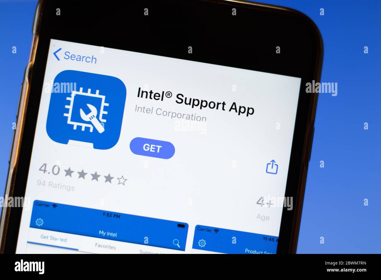 Moscow, Russia - 1 June 2020: Intel Support app mobile logo close-up on ...