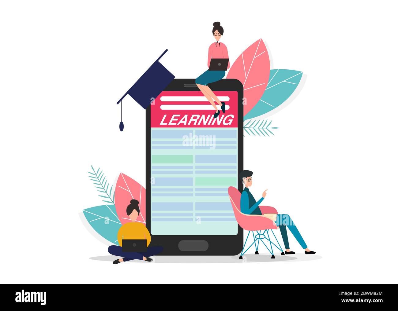 Smartphone with word LEARNING on screen and people studying online ...
