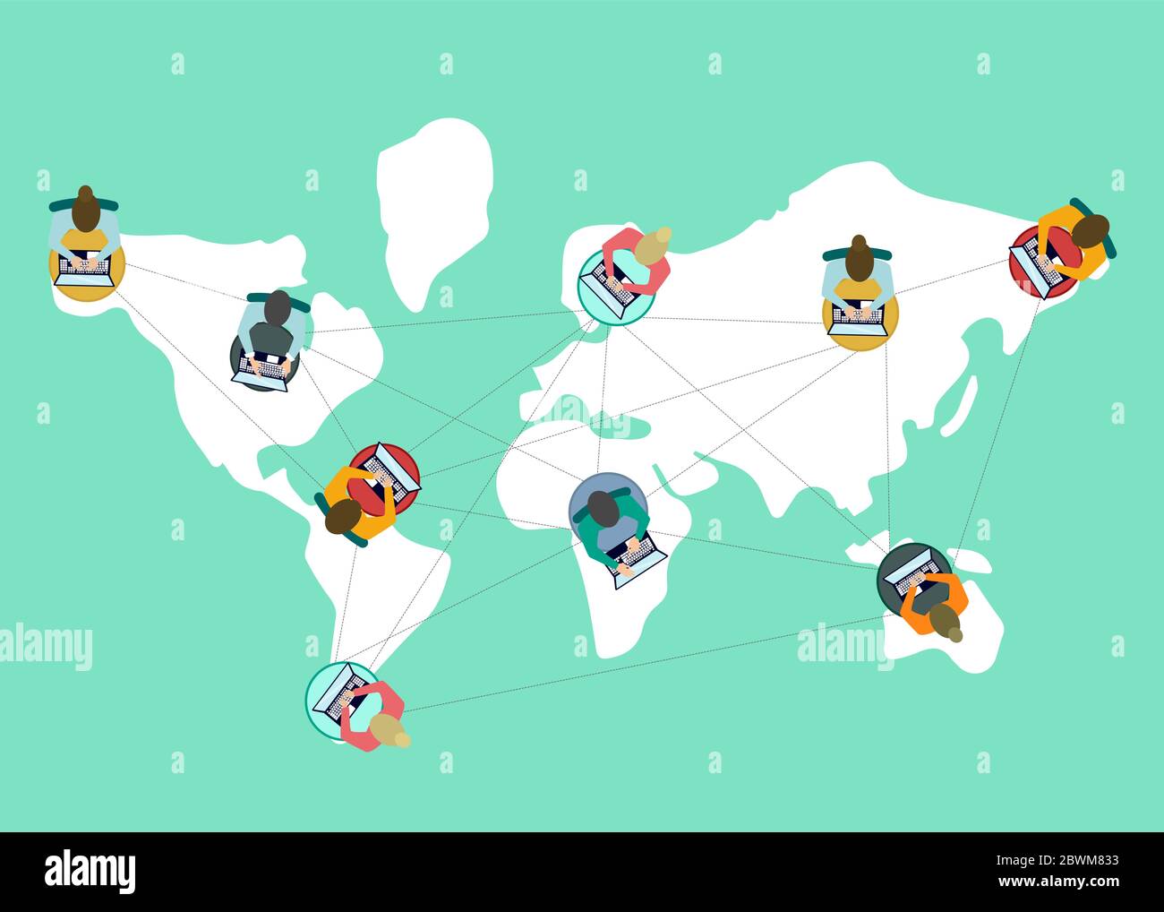 Global online community talking through laptops and world map on color ...