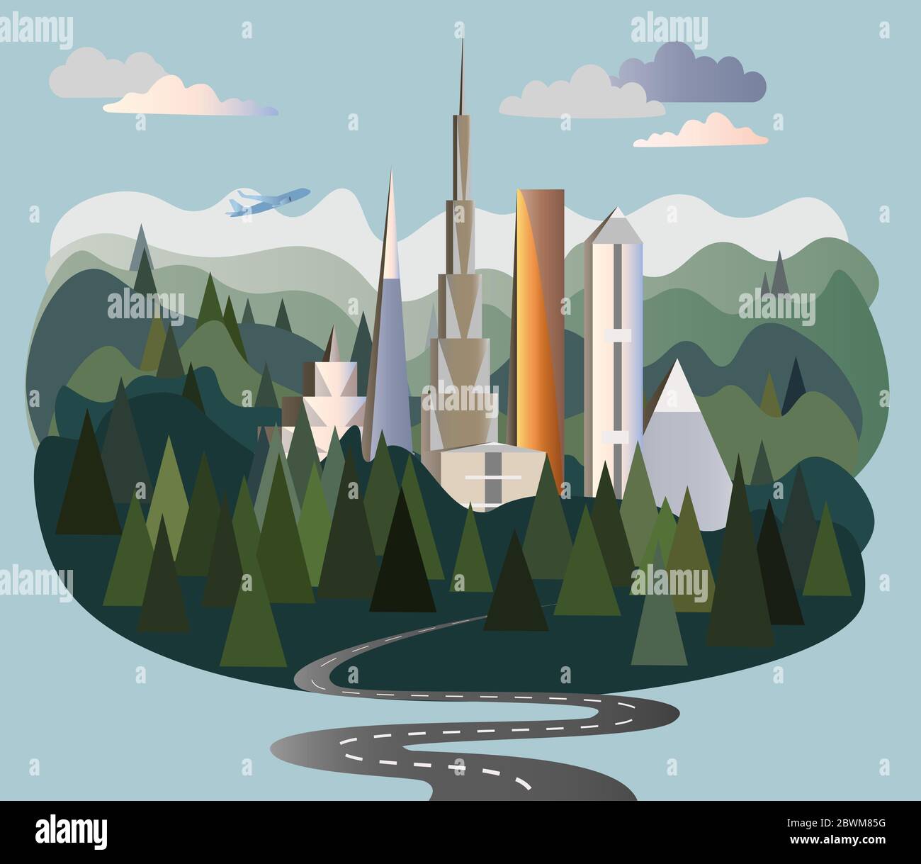 A modern city in a clean natural environment. The road to the ...