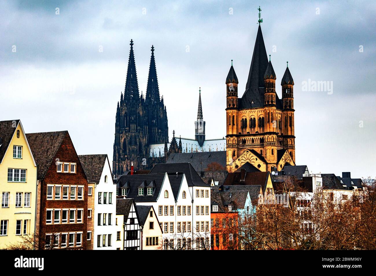 Cologne, Germany. City center with Cathedral, Great St. Martin Church ...