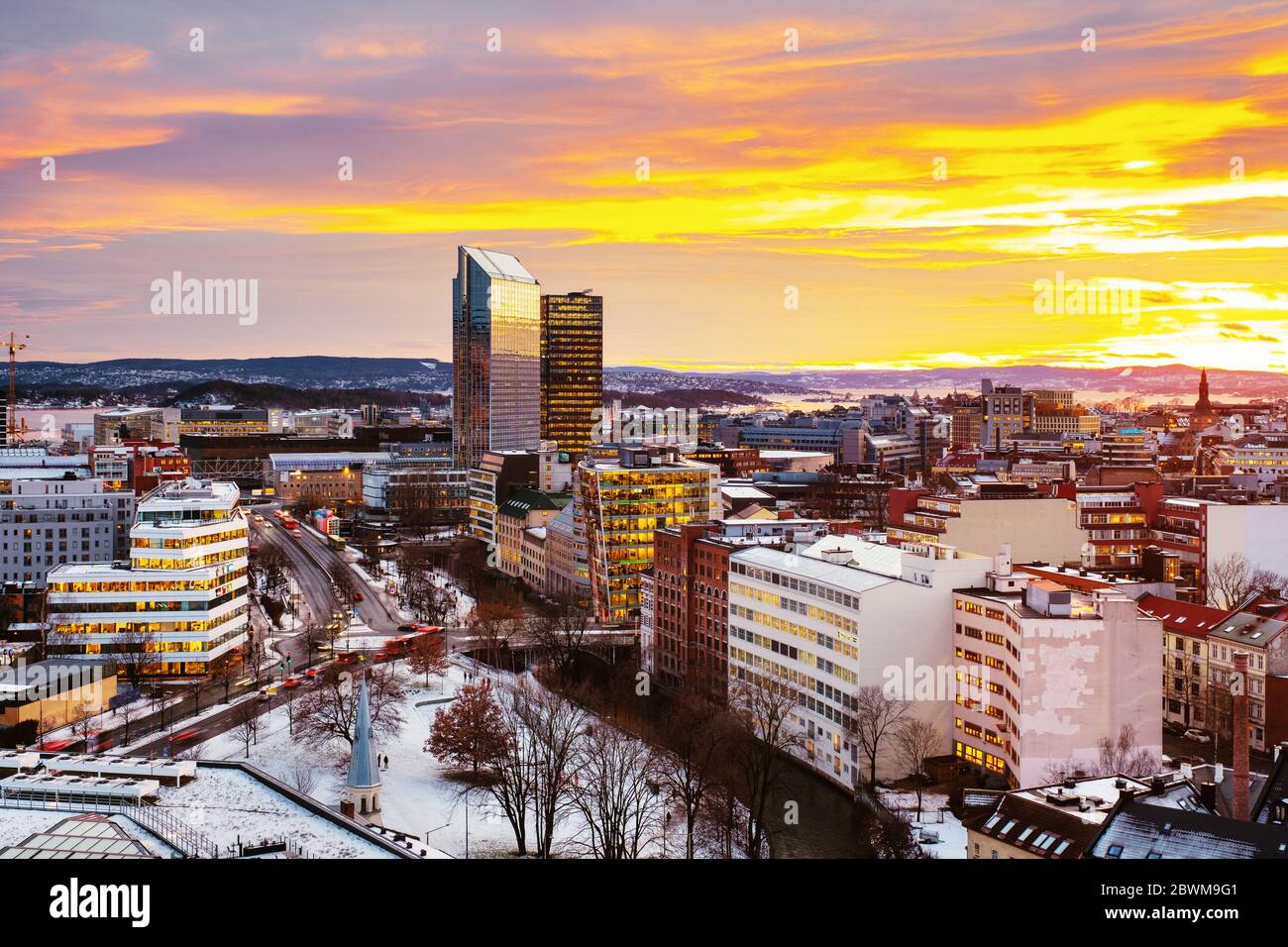 Oslo, Norway. A night view of Sentrum area of Oslo, Norway, with modern ...