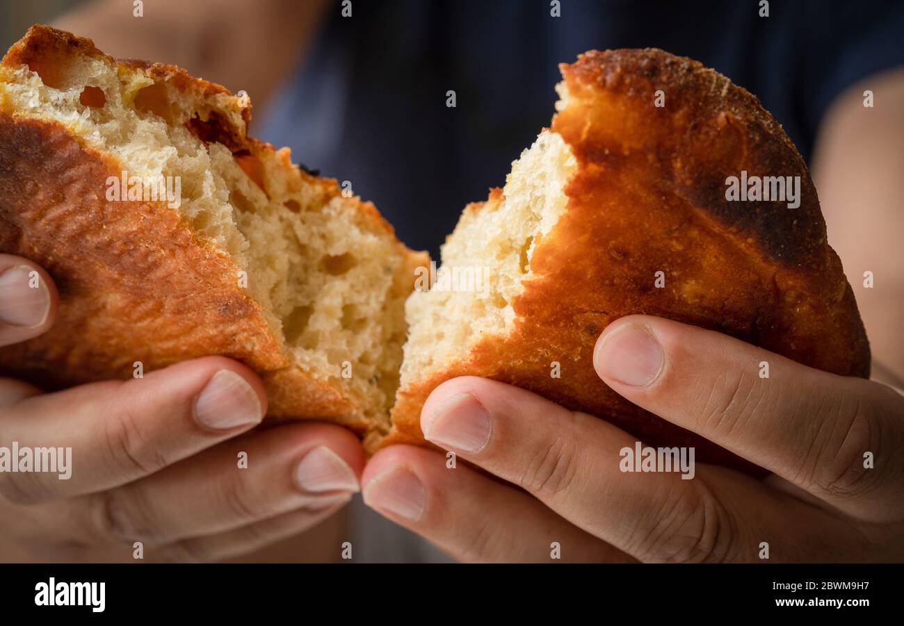Freshly baked bread from the baker. Baker holding fresh bread in the ...