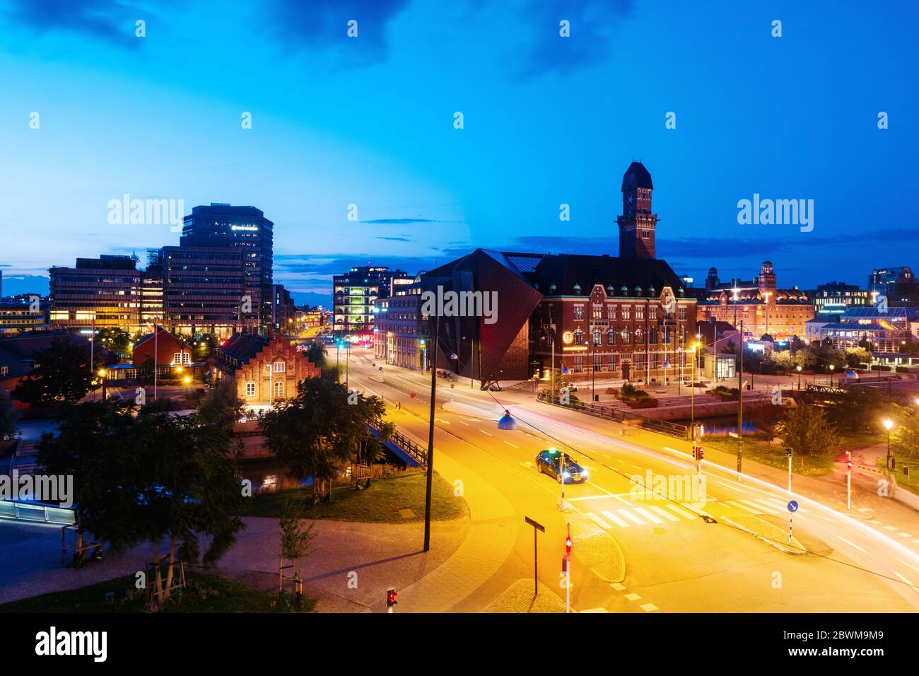 Malmo, Sweden. Aerial view of landmarks in Malmo, Sweden at night ...