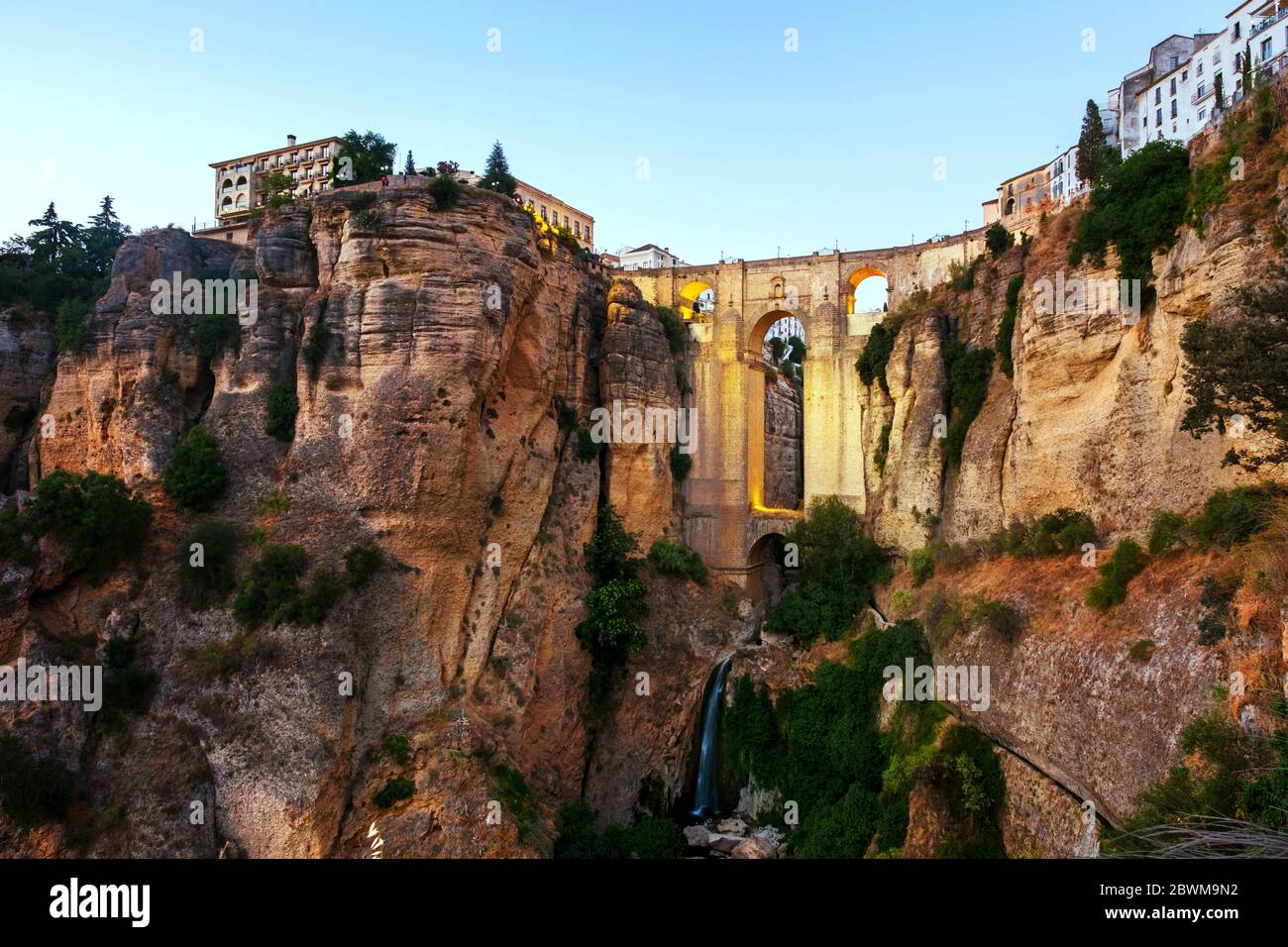 Ronda, Spain. Evening view of New Bridge over Guadalevin River in Ronda ...