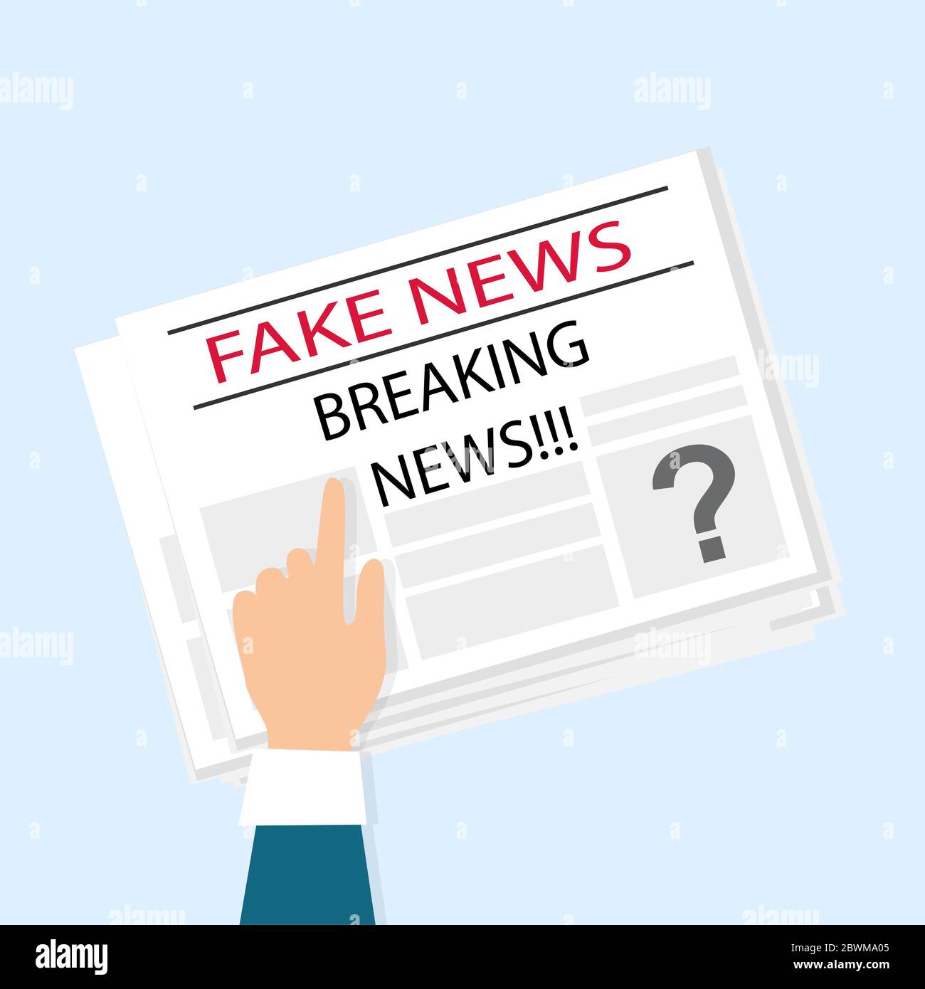 Hand pointing at newspaper with fake breaking news on blue background ...