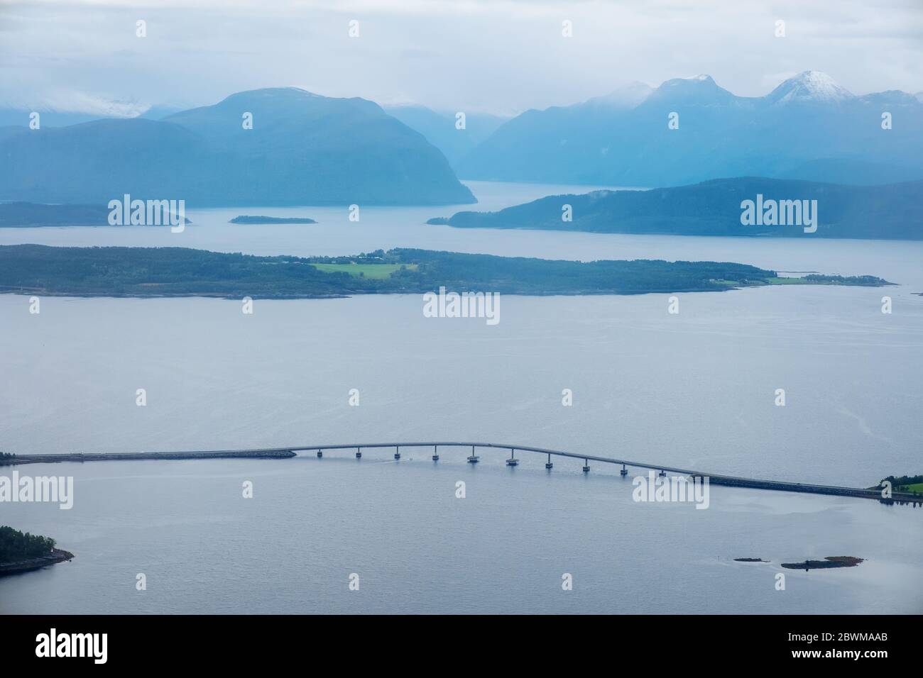 Molde, Norway. Aerial day view of beautiful fjord with snowy mountains ...