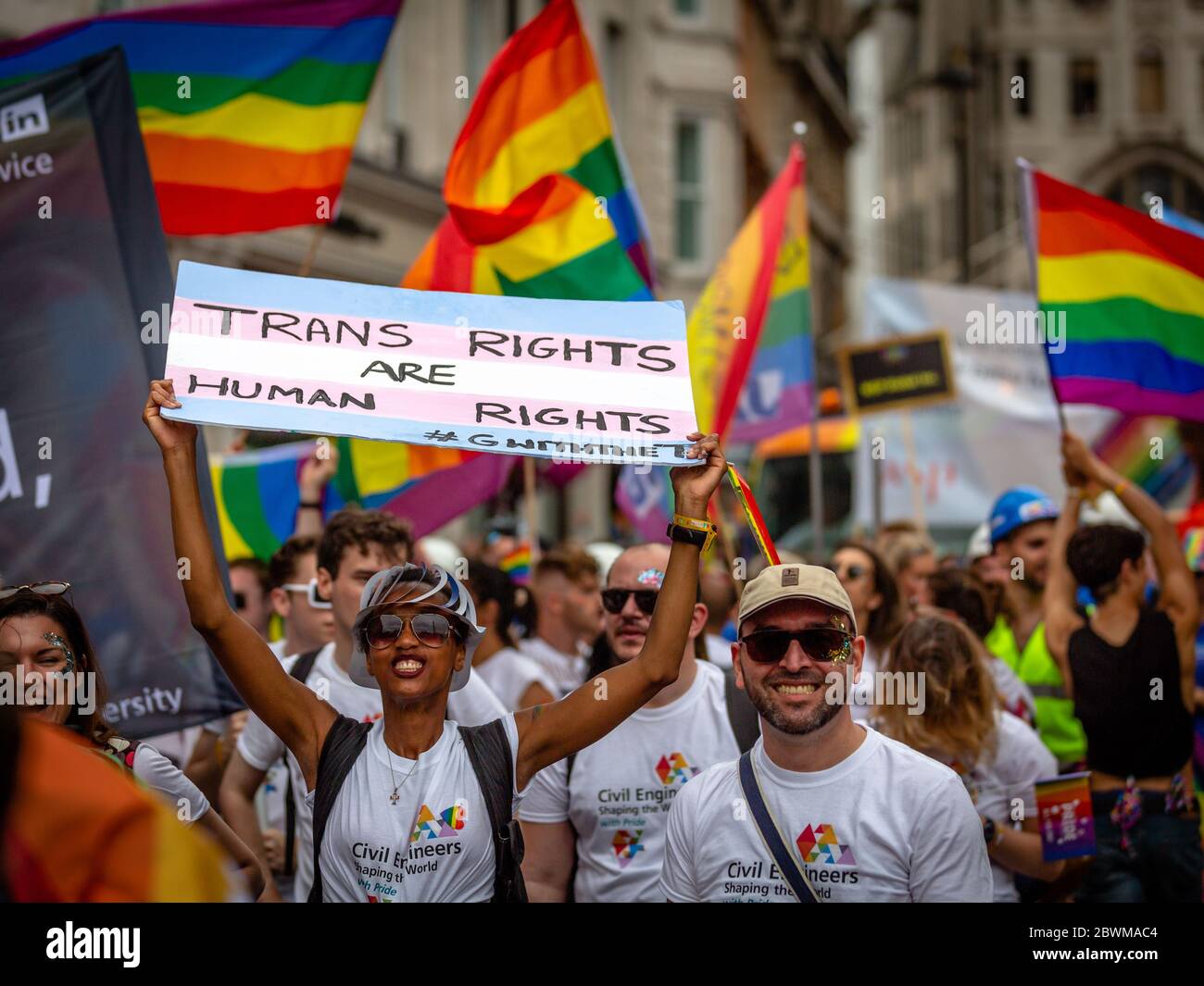 LONDON, ENGLAND - JULY 06: Trans right are human rights placard held by ...