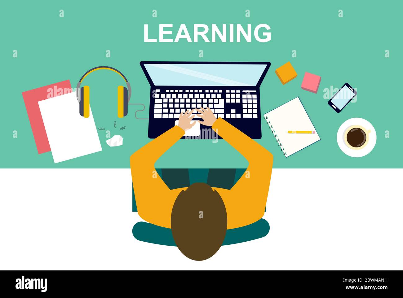 Top view of person using laptop for online education, vector ...