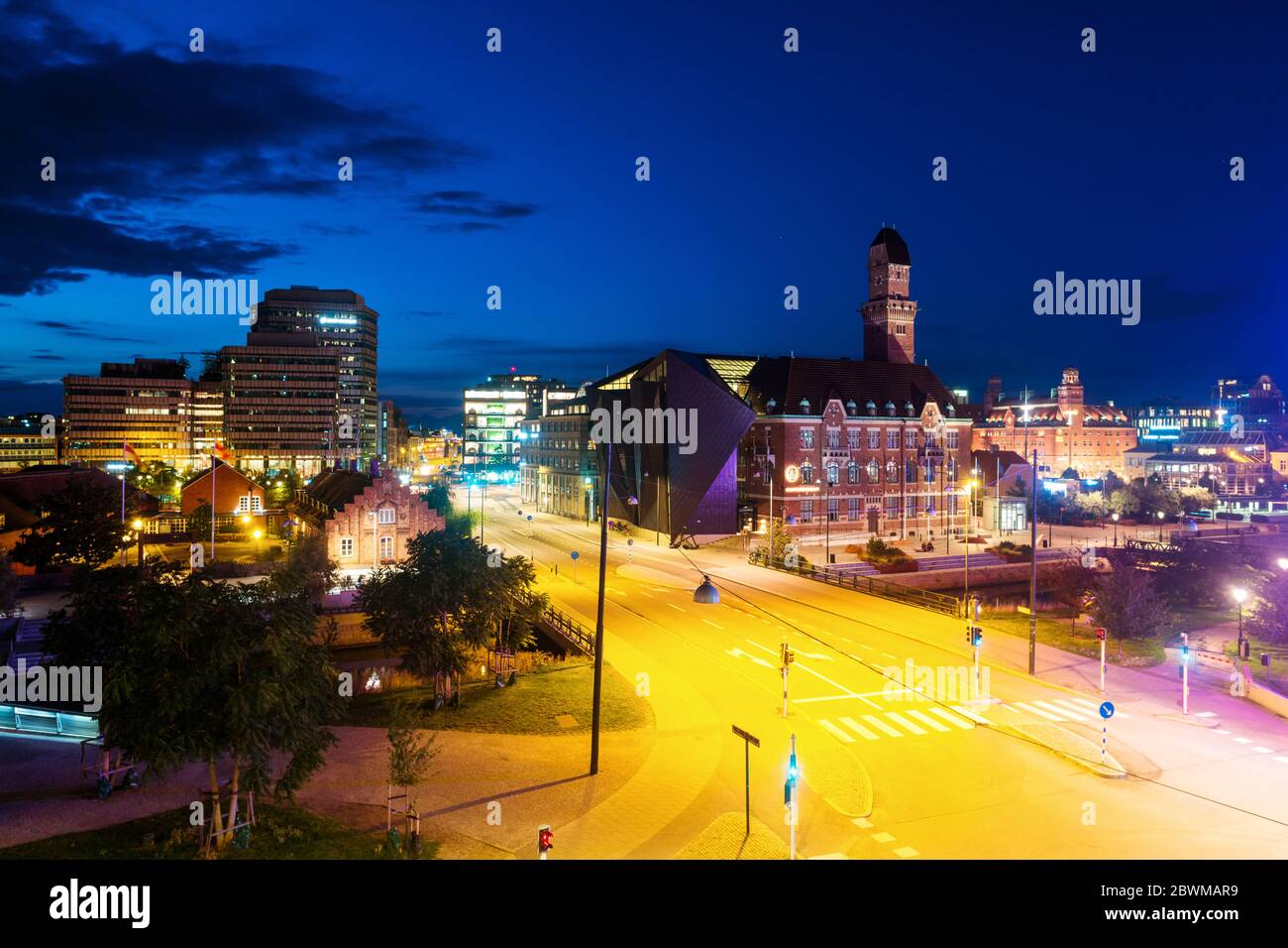 Malmo, Sweden. Aerial view of landmarks in Malmo, Sweden at night ...