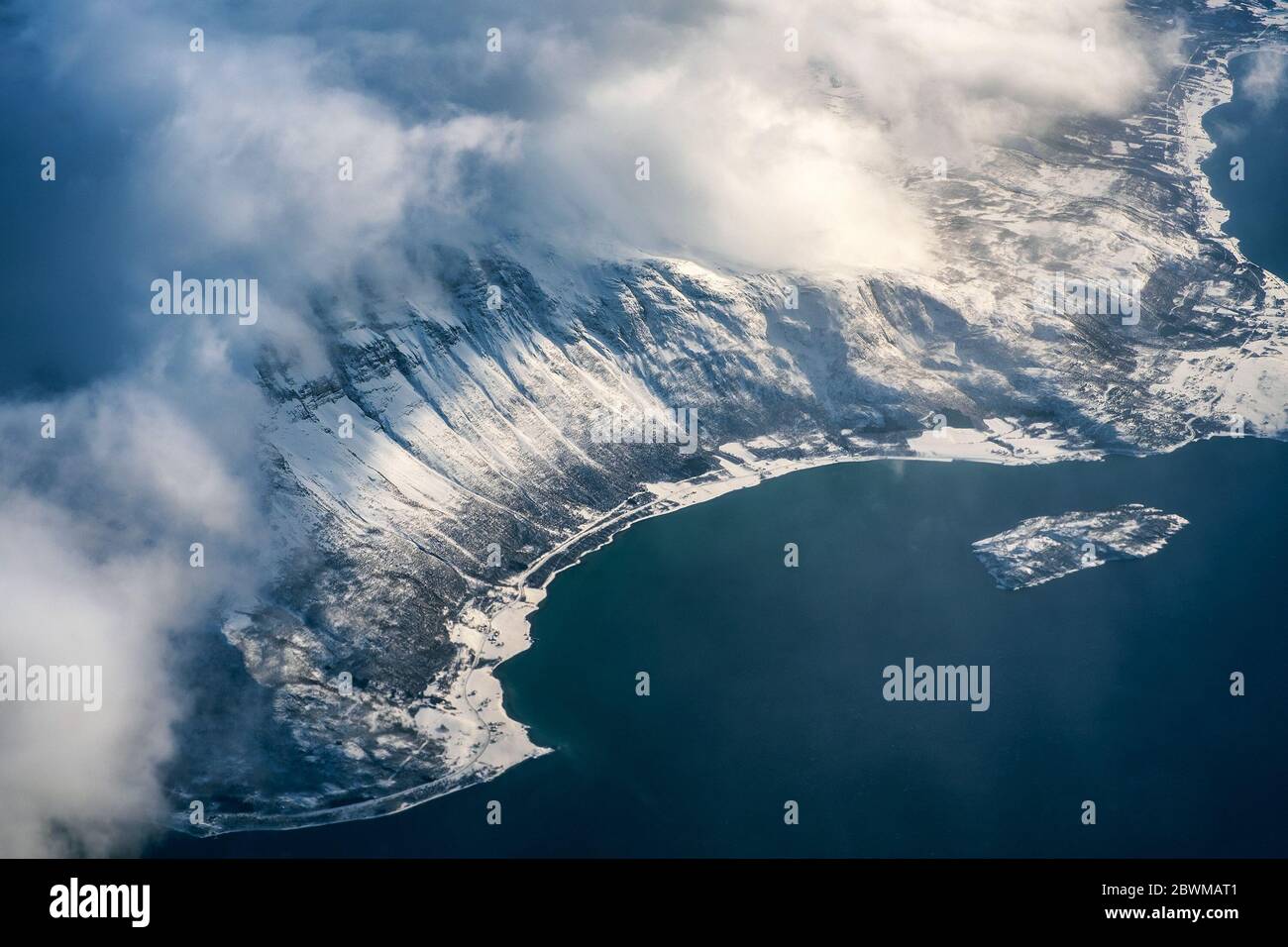 Norway. Aerial view of snowy landscape in winter with mountains and ...