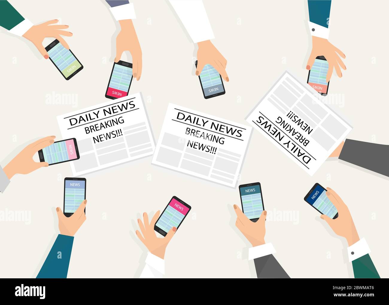 Group of people reading news from newspaper and cell phones Stock ...