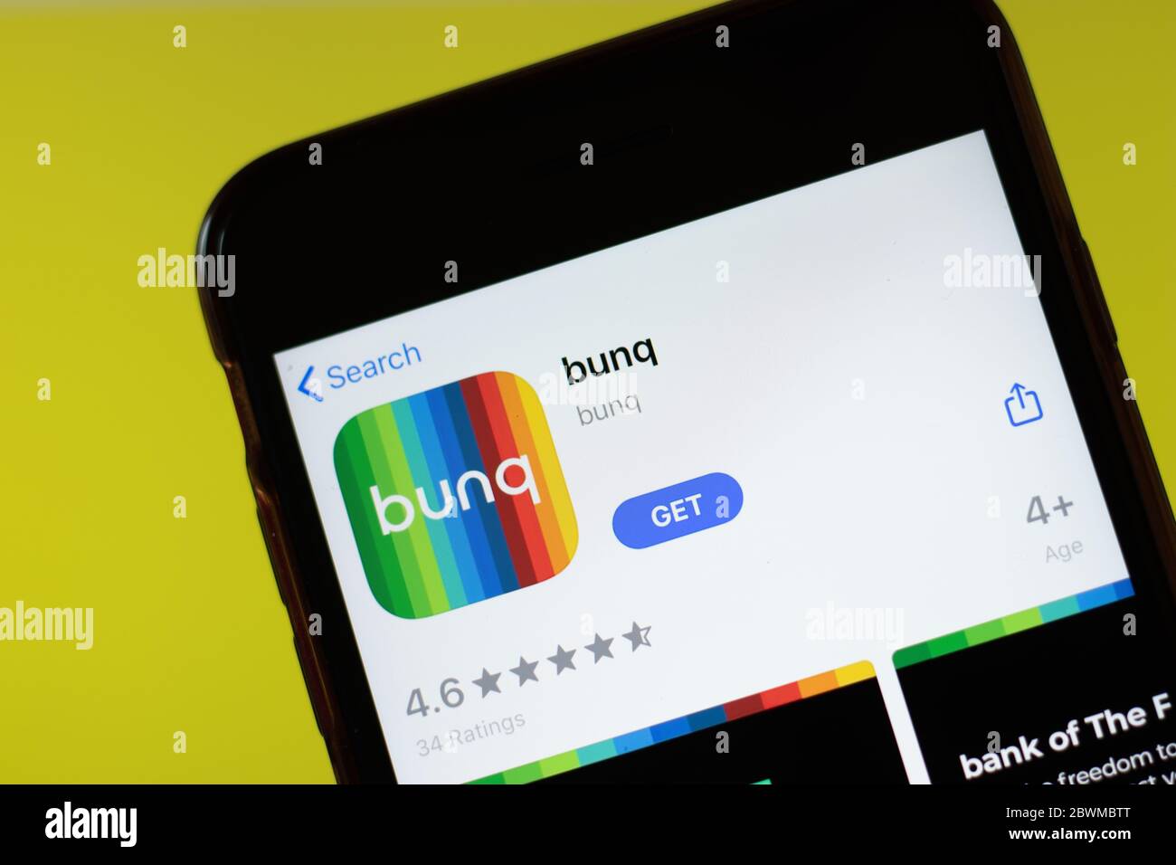 Moscow, Russia - 1 June 2020: bunq app mobile logo close-up on screen ...