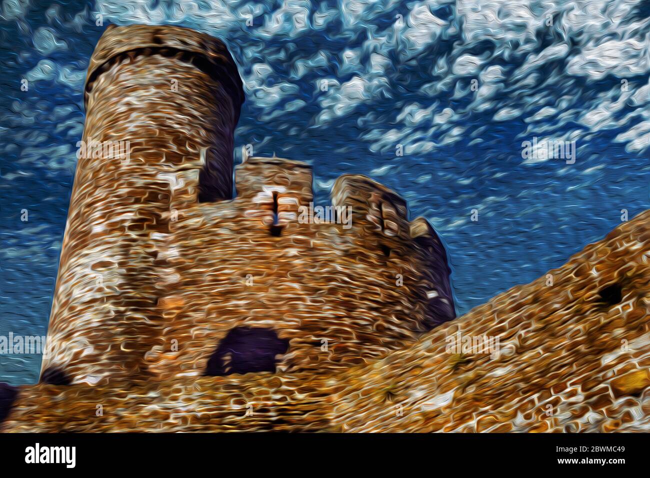 Tower and stone battlements with merlons at Conway Castle. A historic ...