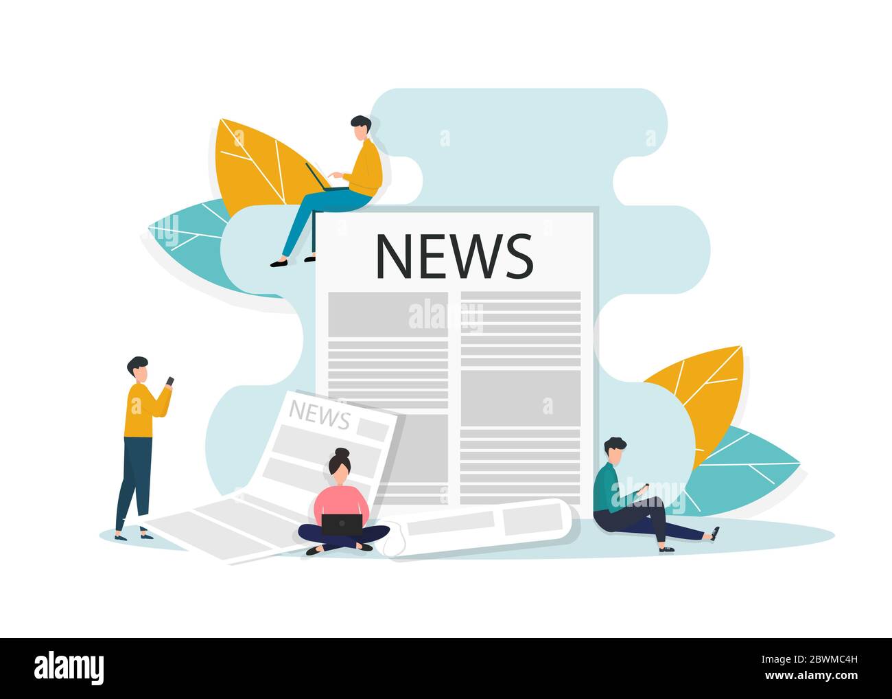 People with gadgets and huge newspaper with header on white background ...