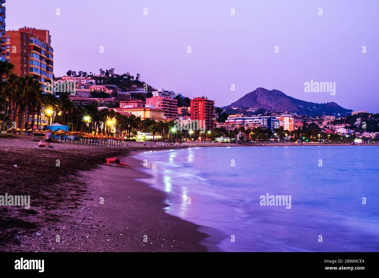 Malaga, Spain. Famous Malagueta beach in Malaga, Spain at night ...
