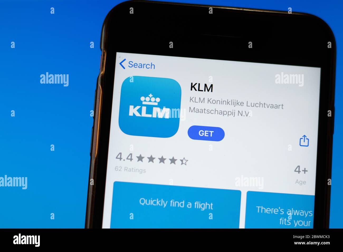 Moscow, Russia - 1 June 2020: KLM app mobile logo close-up on screen ...