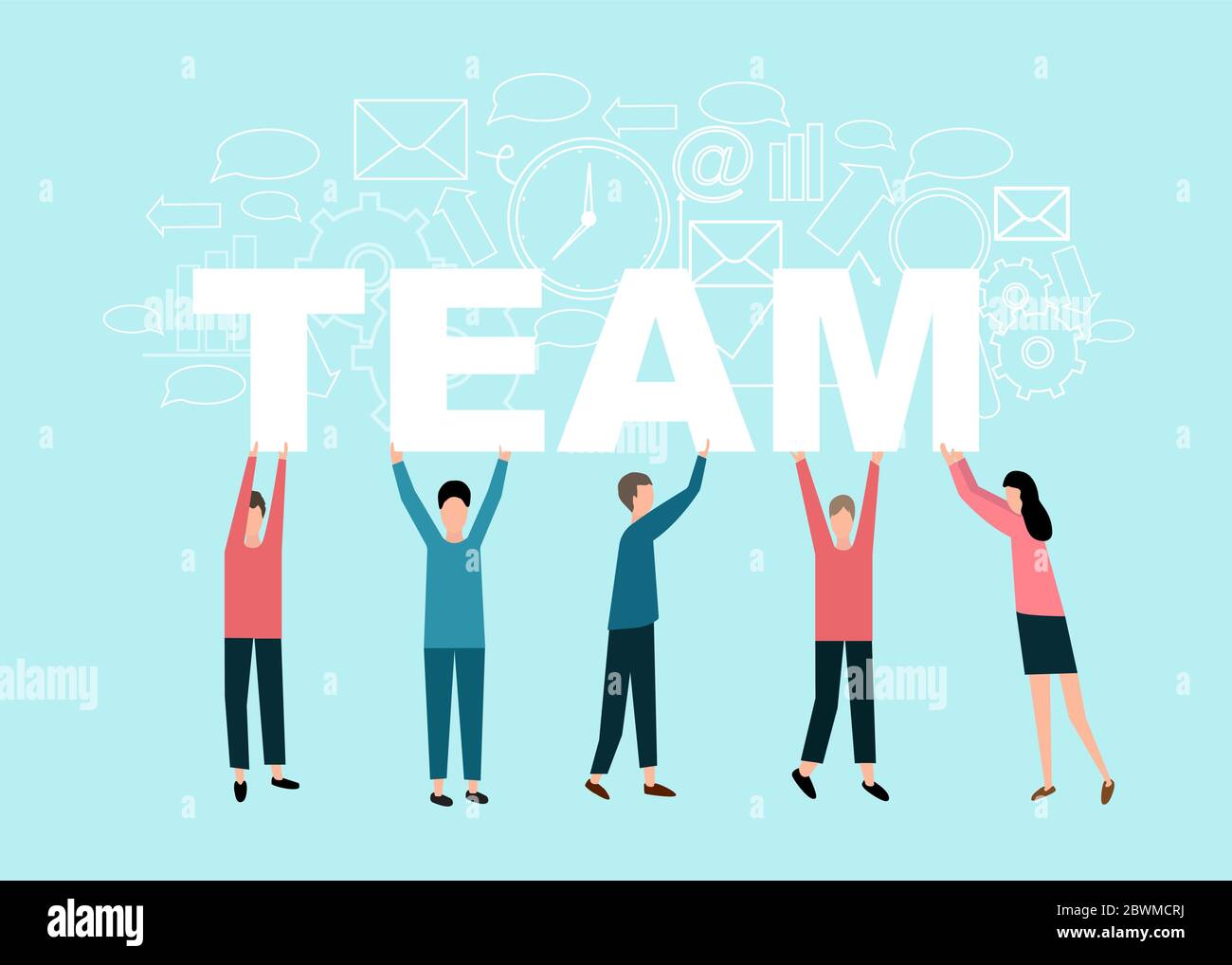 Business partnership. Group of people holding word TEAM on blue ...