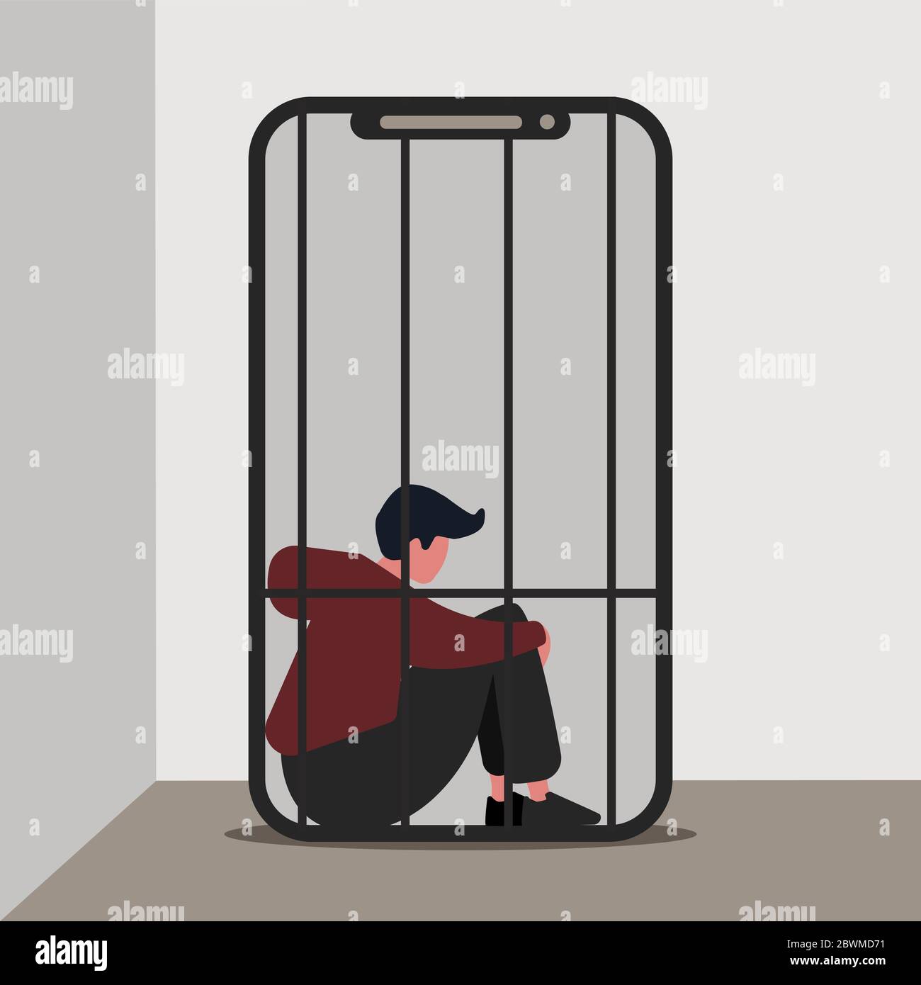Gadget addiction. Lonely guy imprisoned in cage inside of mobile phone ...
