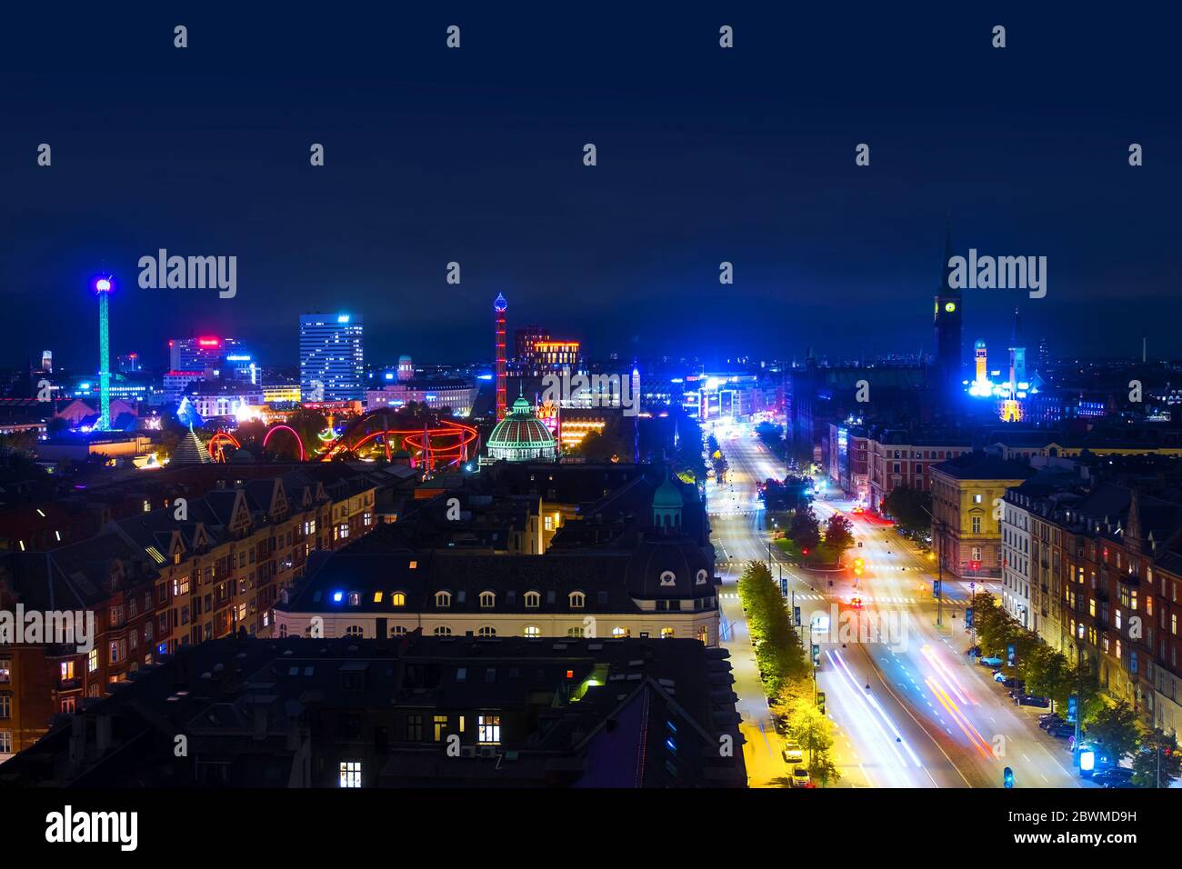 Copenhagen, Denmark. Aerial view of city center at night in Copenhagen ...