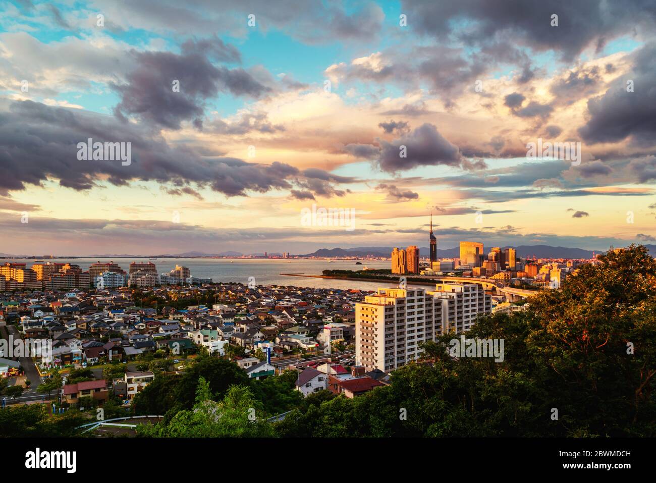Fukuoka, Japan. A sunset with a view of central Fukuoka, Japan, with ...