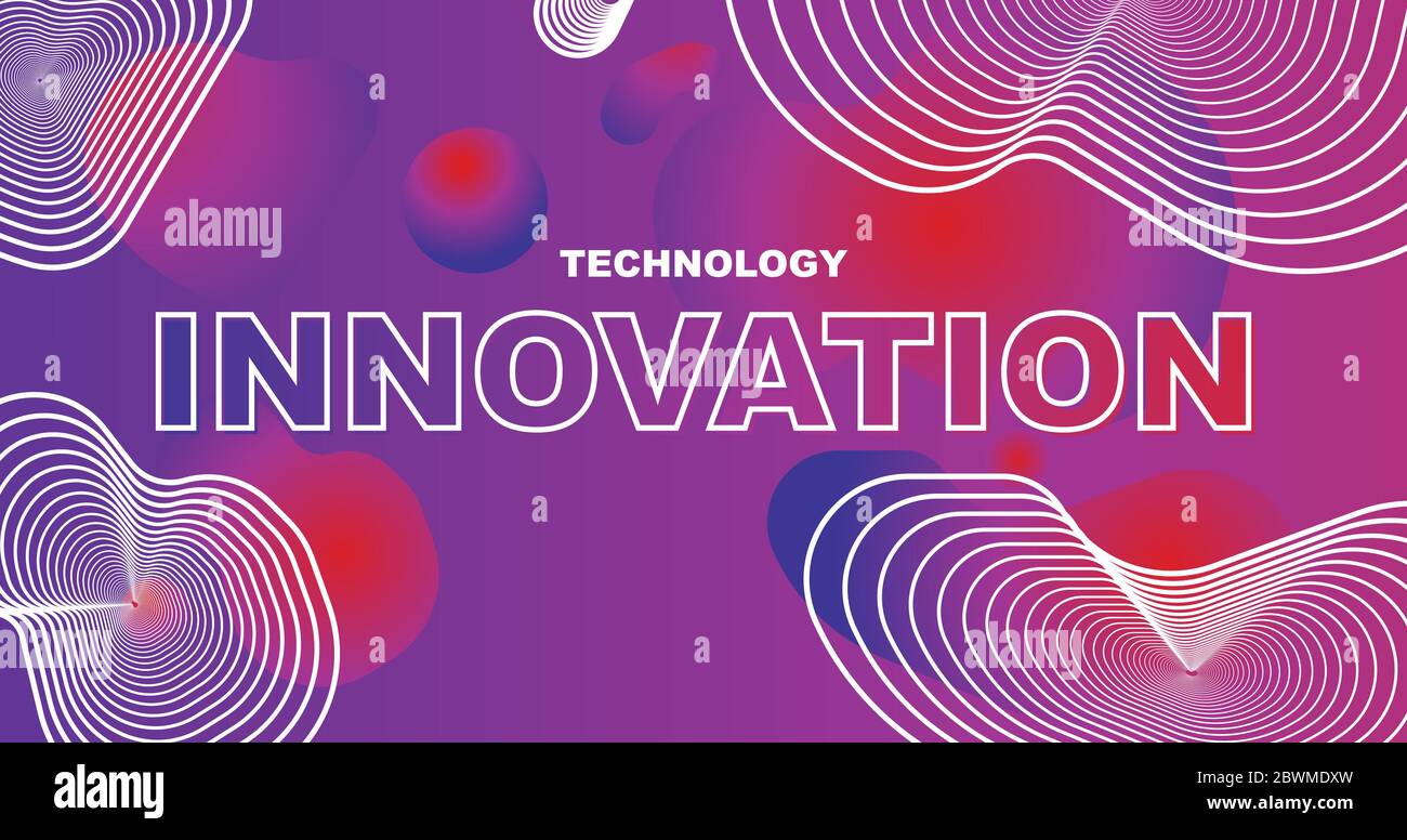 Phrase TECHNOLOGY INNOVATION on purple background with lines and ...