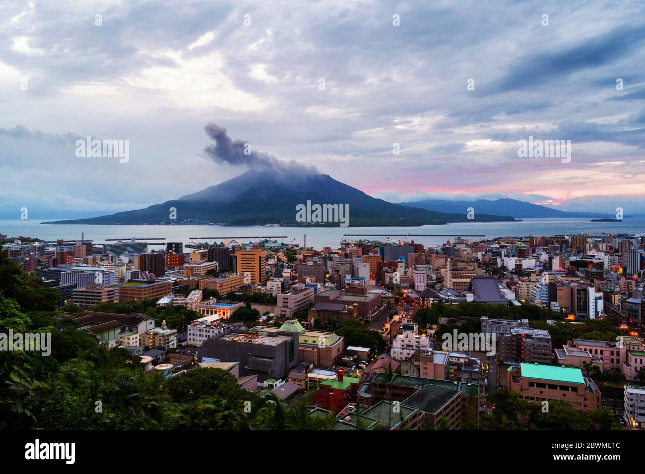 Kagoshima, Japan. View of mountain Sakurajima an active volcano. Aerial ...