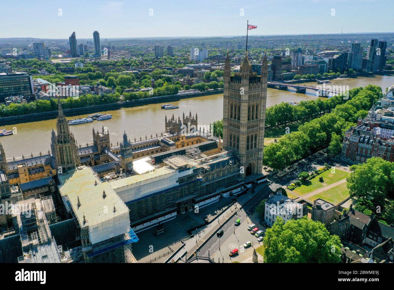 An aerial view of central London showing the the House of Lords and the ...