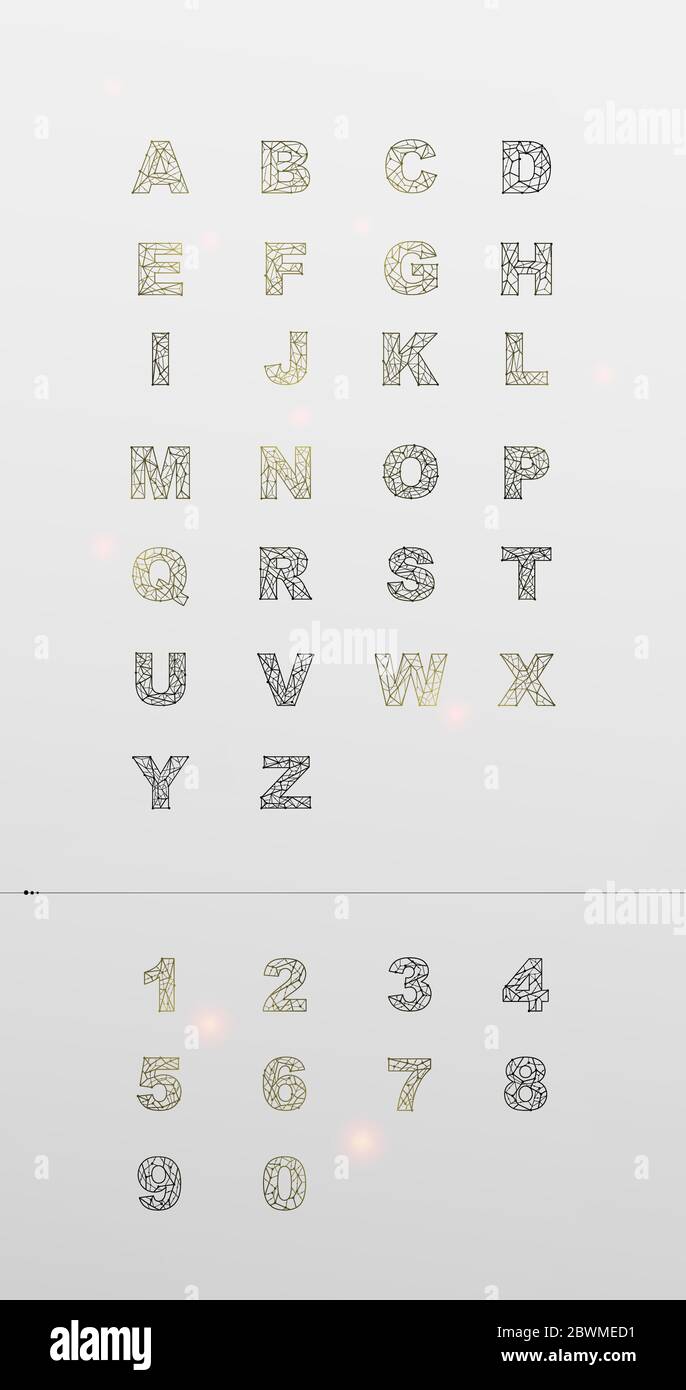 Polygon capital letters and numbers on grey background, vector ...