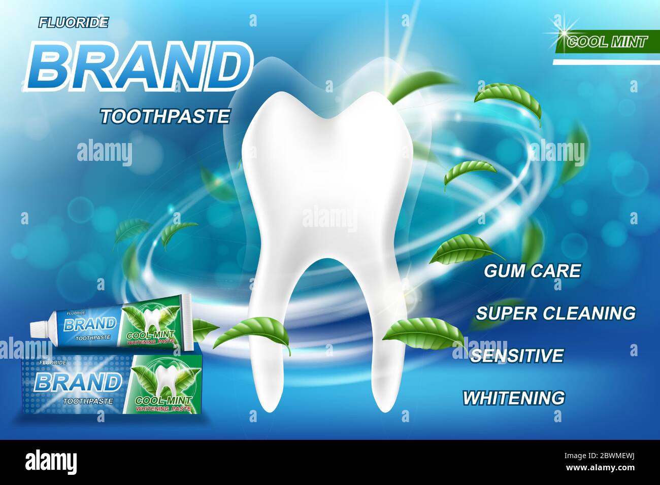 Mint toothpaste concept ads, isolated on blue. Tooth model and product ...