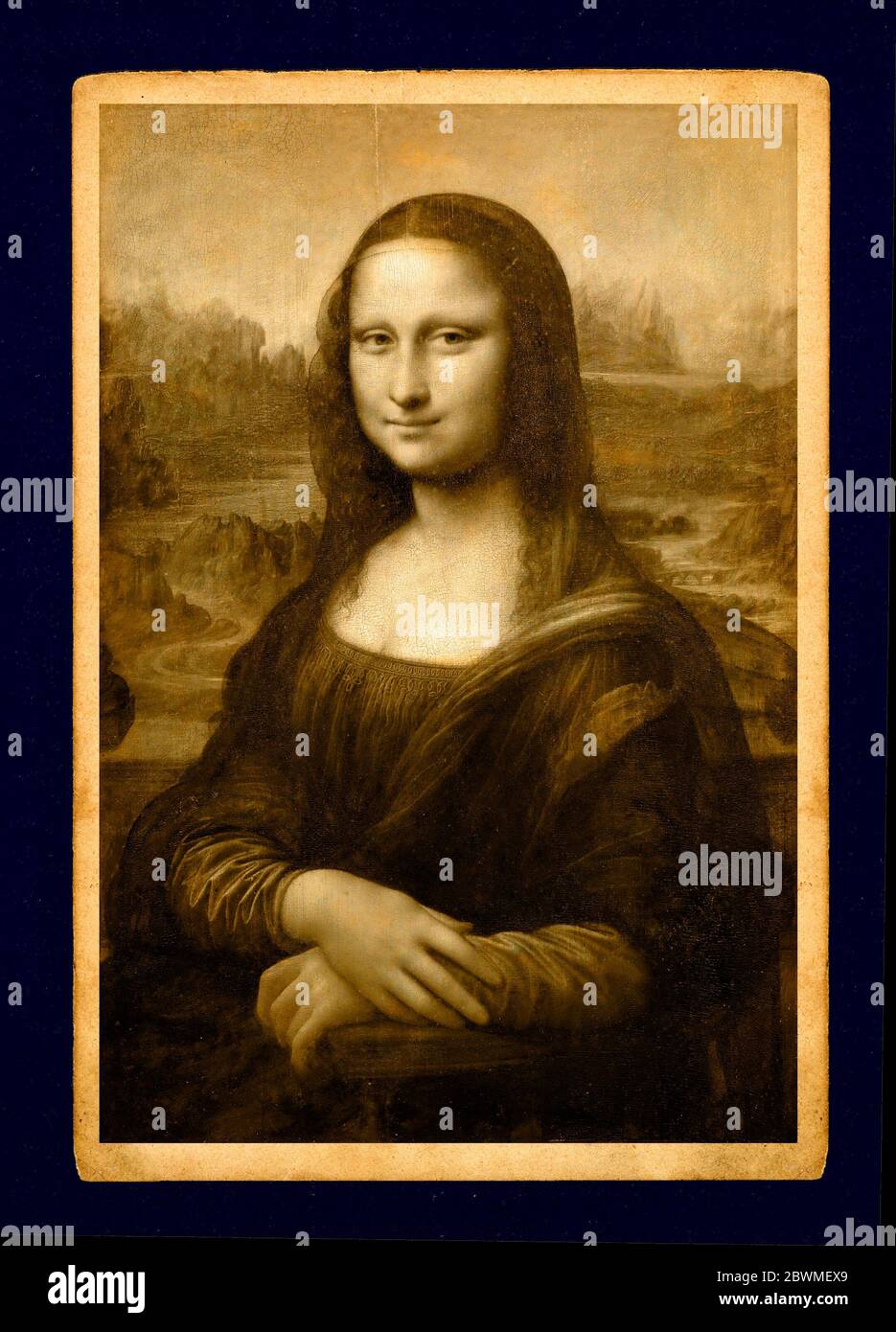 Mona Lisa of Leonardo da Vinci modified as an old postcard Stock Photo ...