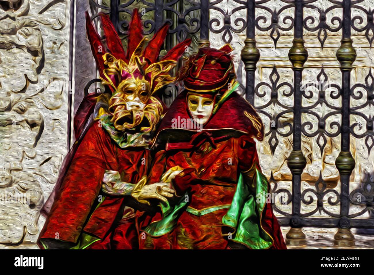 Carnival revelers wearing colorful and sophisticated costumes and masks ...