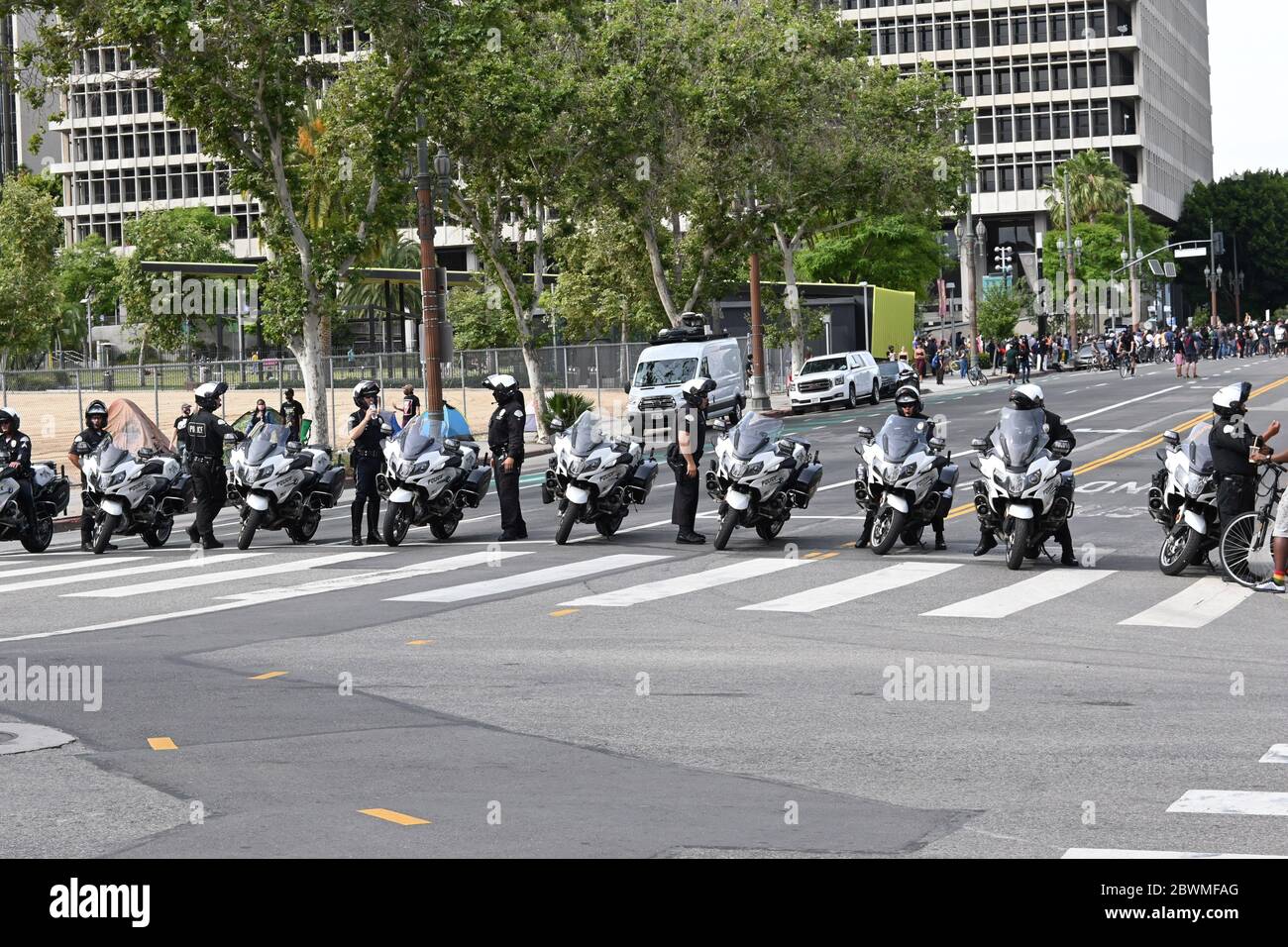 LOS ANGELES, USA. JUNE 01 2020: Los Angeles Police motorcycle officers ...