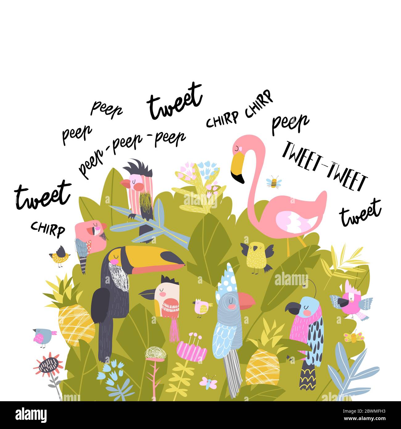 Cute cartoon birds singing and tweeting in bushes Stock Vector Image ...