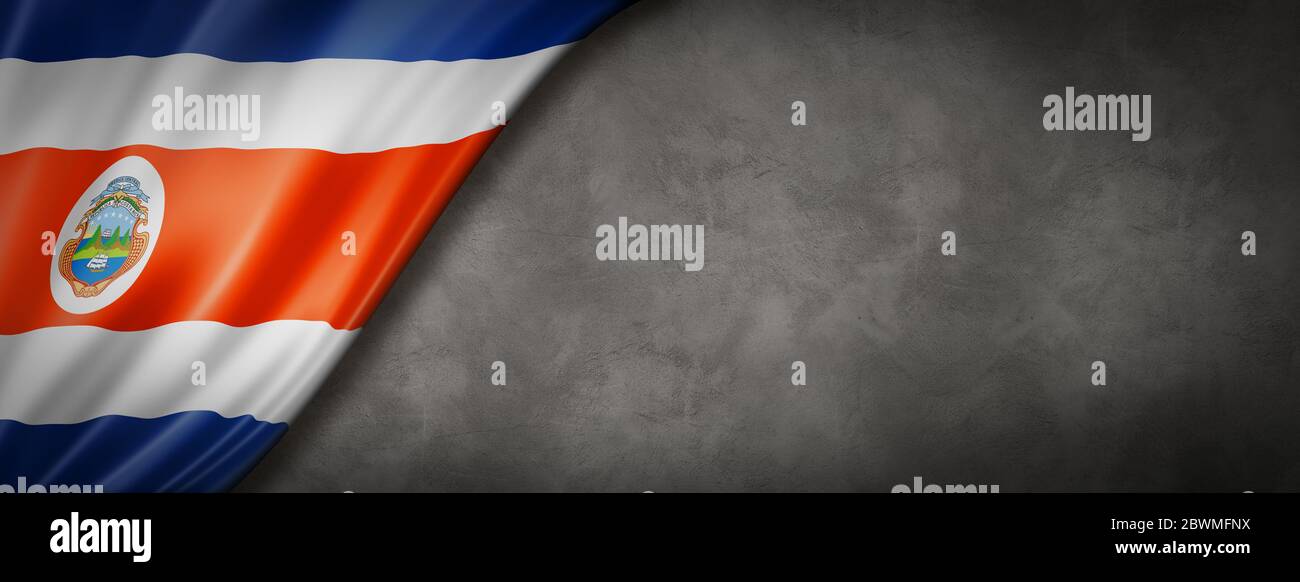 Costa Rica flag on concrete wall. Horizontal panoramic banner. 3D ...