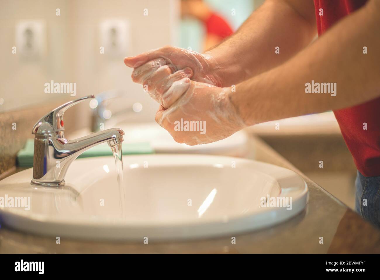 Washing hands rubbing with soap man for corona virus prevention ...