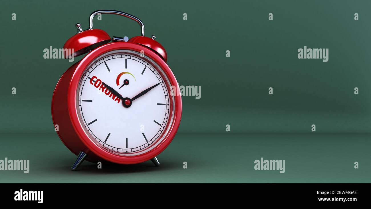 Alarm clock with Covid 19 or coronavirus lettering concept. 3d ...