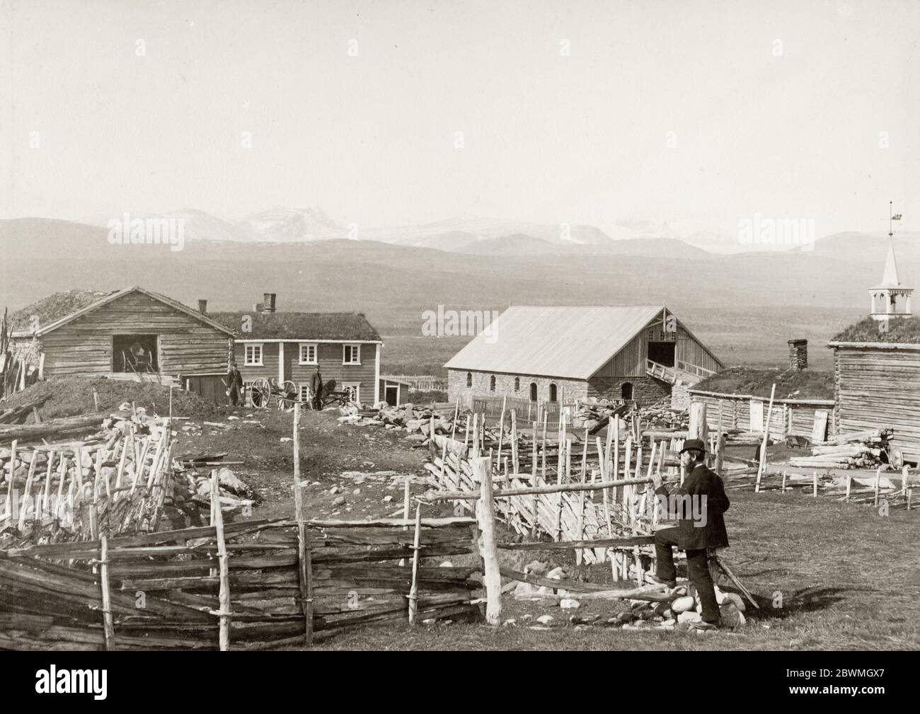 Vintage 19th century photograph - Farm and church, rural scene with ...