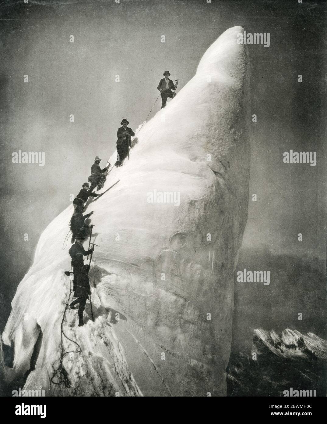 Vintage 19th century photograph - climbing a serac, glacier pinnacle ...